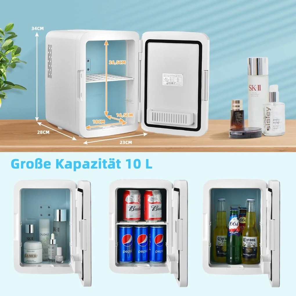 Costway Mini lednice 10 l přenosná lednice s LED zrcadlem – 23 × 28 × 34 cm