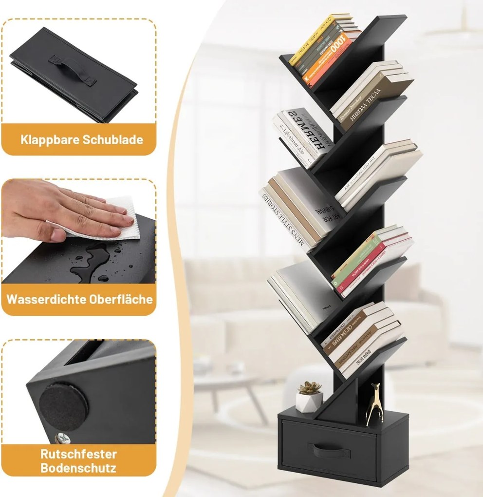Costway Knihovna 10 Tier Tree Book se zásuvkou na podlaze stojícím úložným