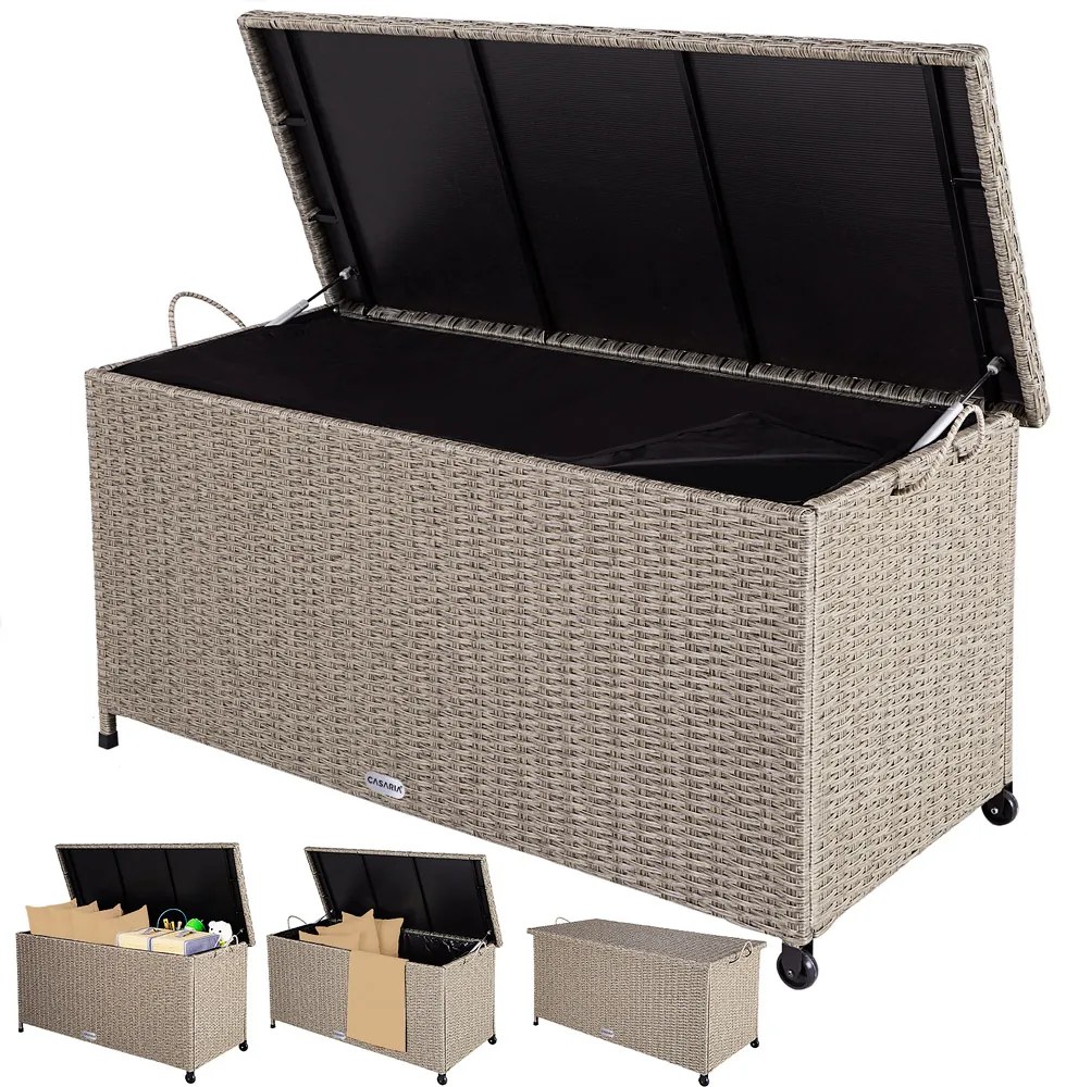Zahradní úložný box, polyratan, kolečka, 117 x 53 x 60 cm, krémový 106707