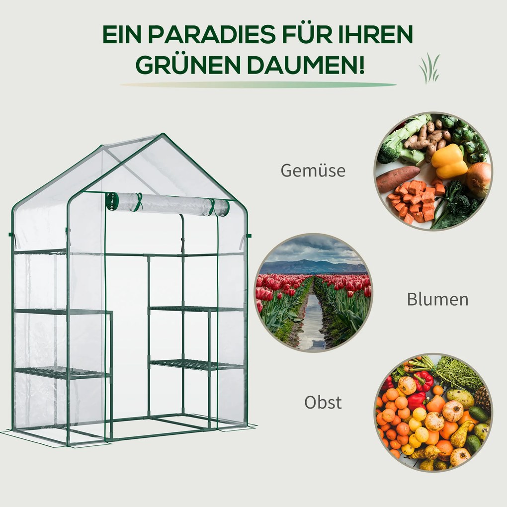 Outsunny Fóliový skleník Walk-in Skleník na rajčata 142x73x195cm se 6 policemi, průhledný pro zahradu a rostliny |