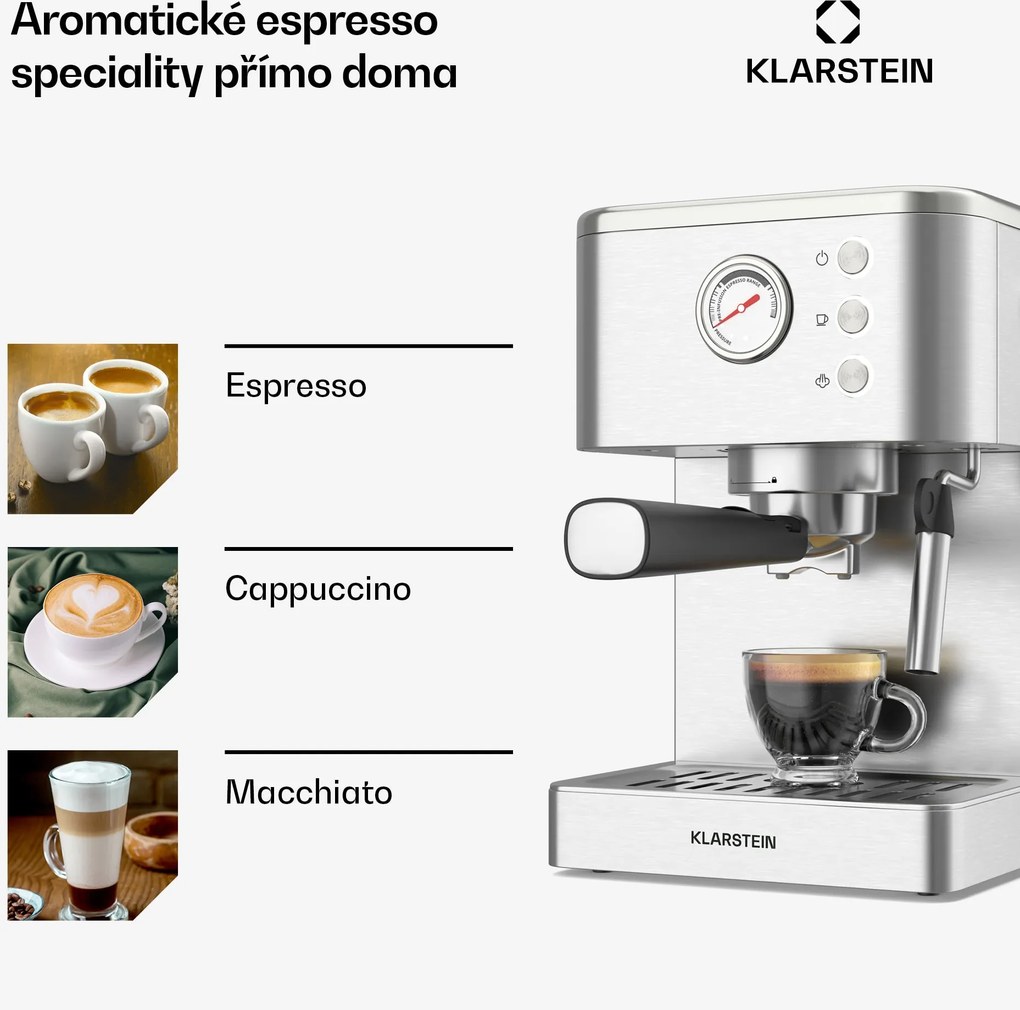 Klarstein SteelPresso kávovar s portafiltrem, Kompaktní, 20 bar, Napařovač, Ohřívací deska