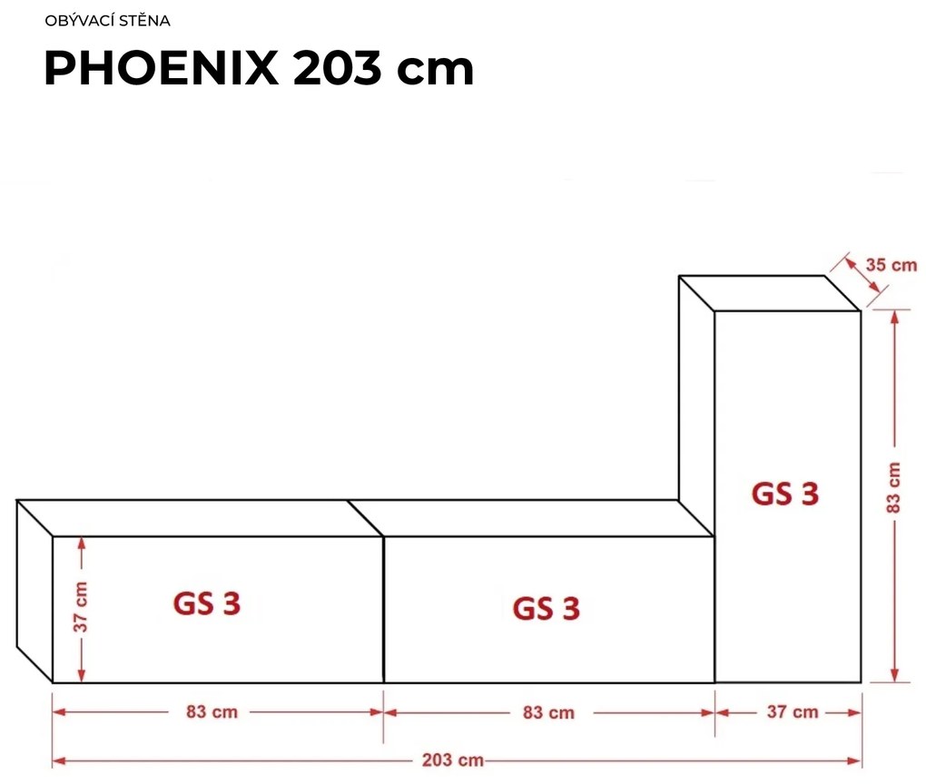 Ral Obývací stěna PHOENIX 3, 203 cm - Černý lesk