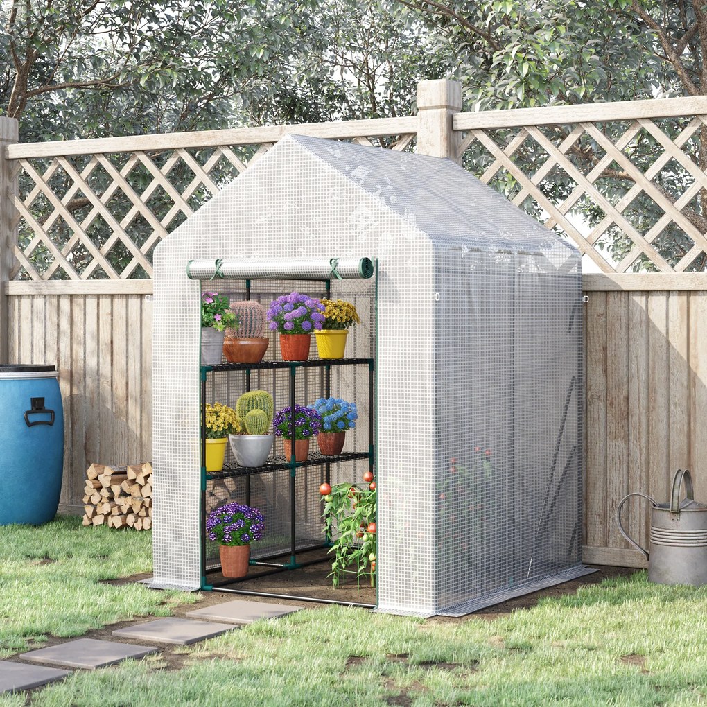 Outsunny Fóliový skleník Walk-in se 4 policemi Skleník na rajčata Skleník se studeným rámem Bílý PE 143x143x195cm pro zahradu a rostliny | Aosom.de