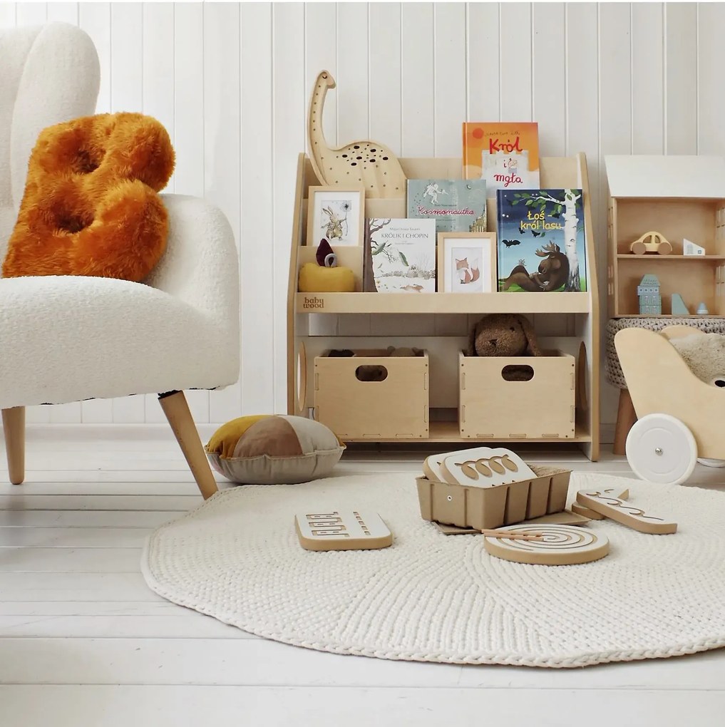 Dřevěný regál na knihy a hračky doplňky k produktu: 2 dřevěné boxy
