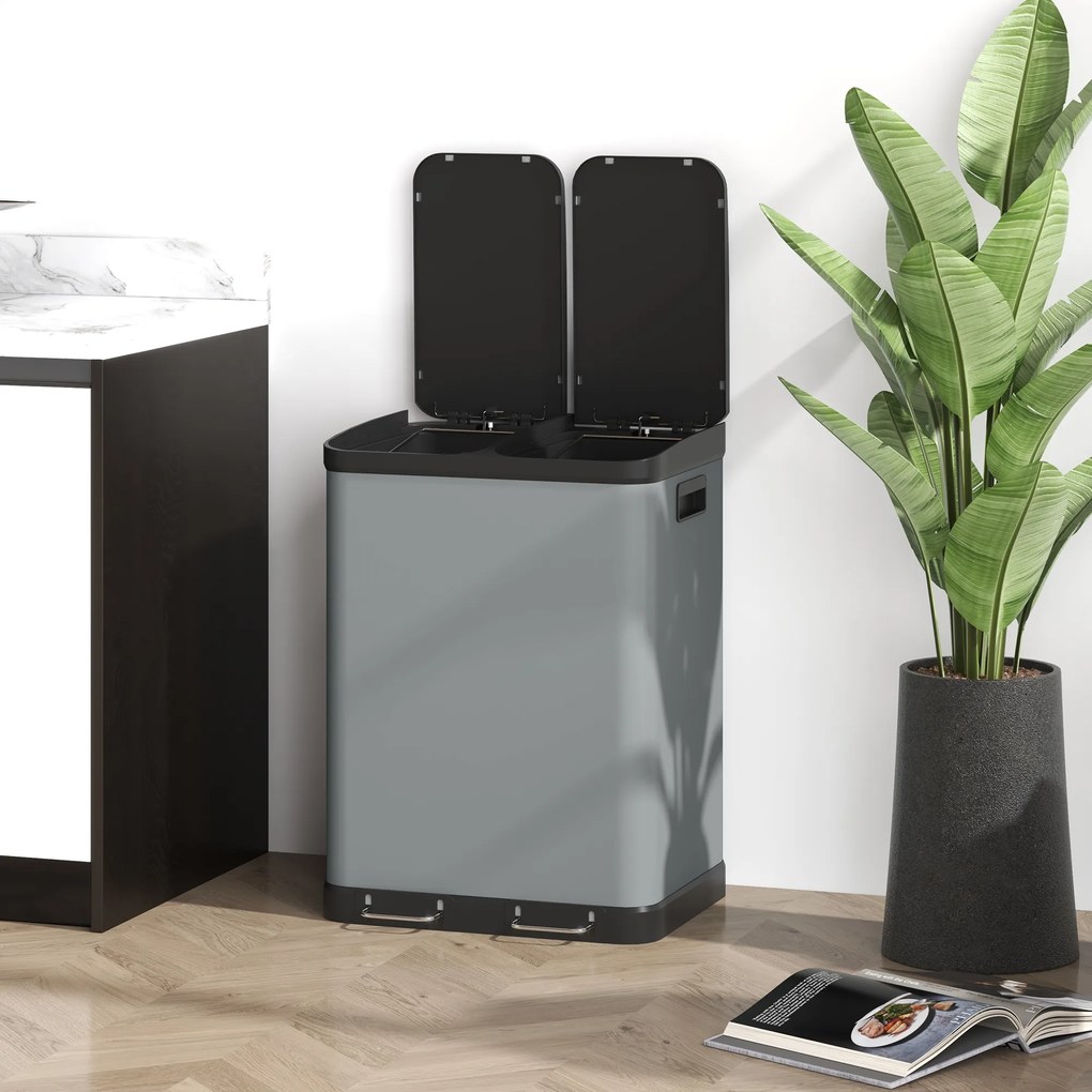 HOMCOM odpadkový koš 2x30L pedálový koš na kosmetiku s víkem a nožním pedálem, kovový odpadkový koš s vnitřním košem do obývacího pokoje a kanceláře,…