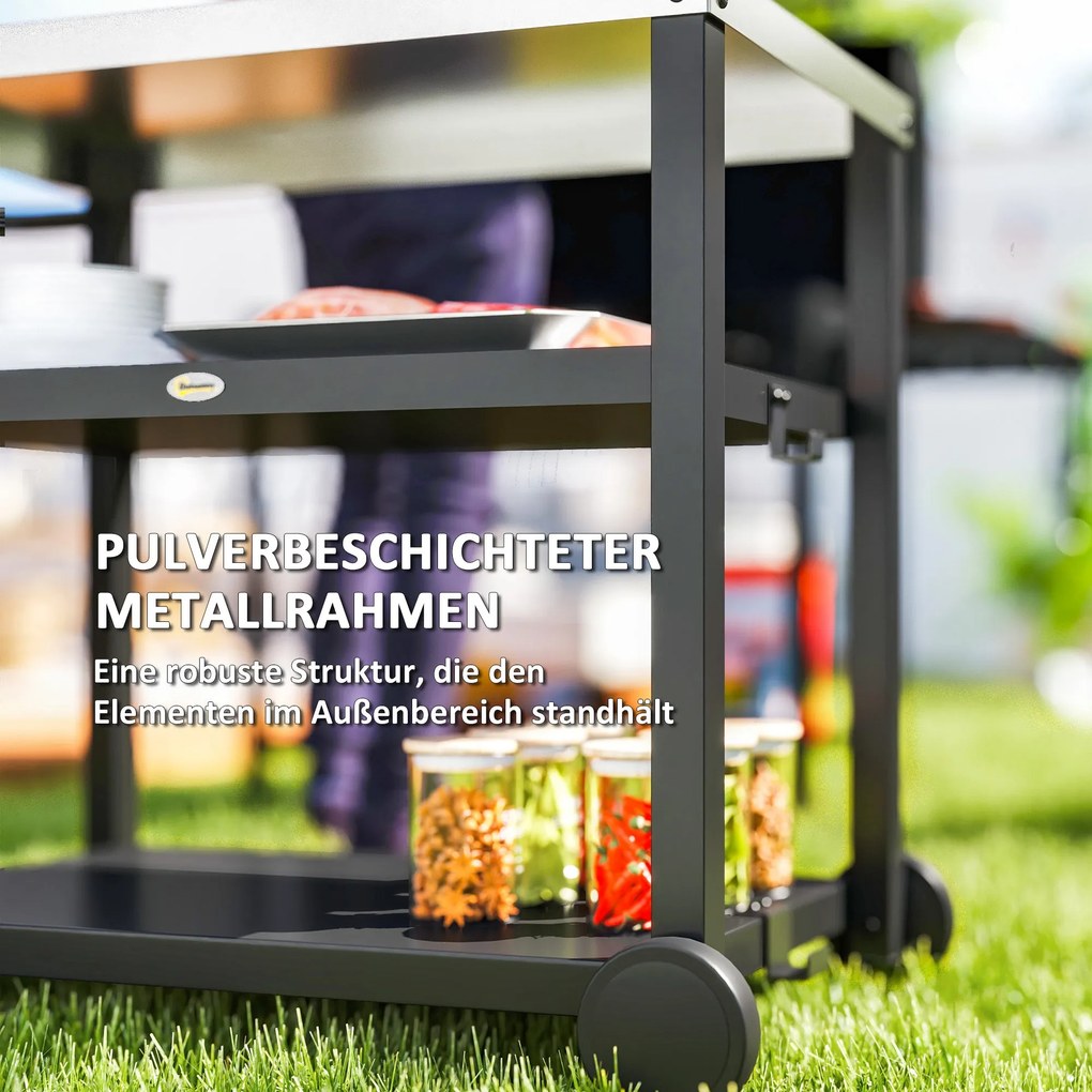 Outsunny grilovací vozík 3-patrový servírovací vozík se pracovní plochou, policemi, háčky a koly, nerezový stůl na gril, venkovní užitkový vozík, gri…