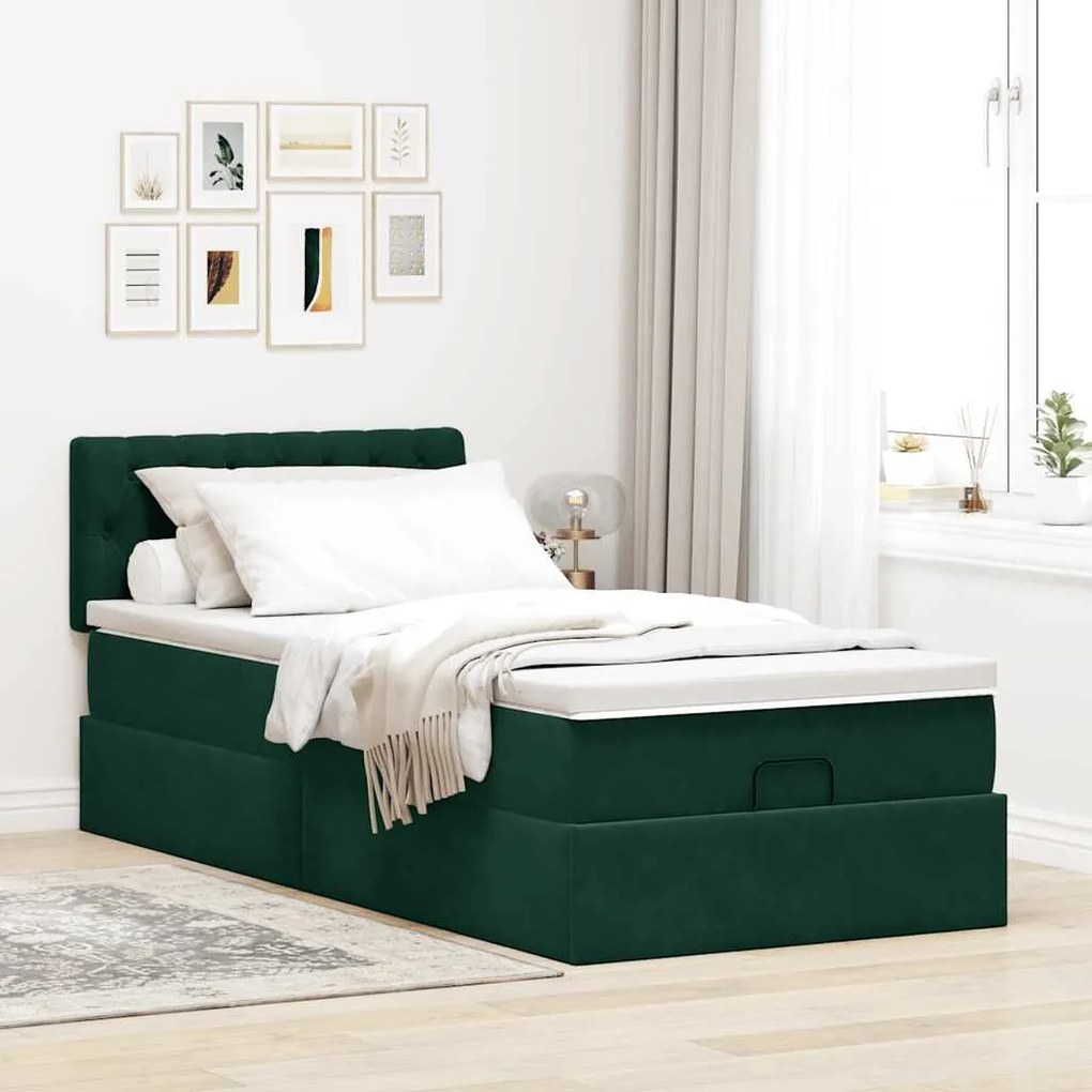 Osmanská postel s matrací & LED tmavě zelená 90x200cm samet 3312671