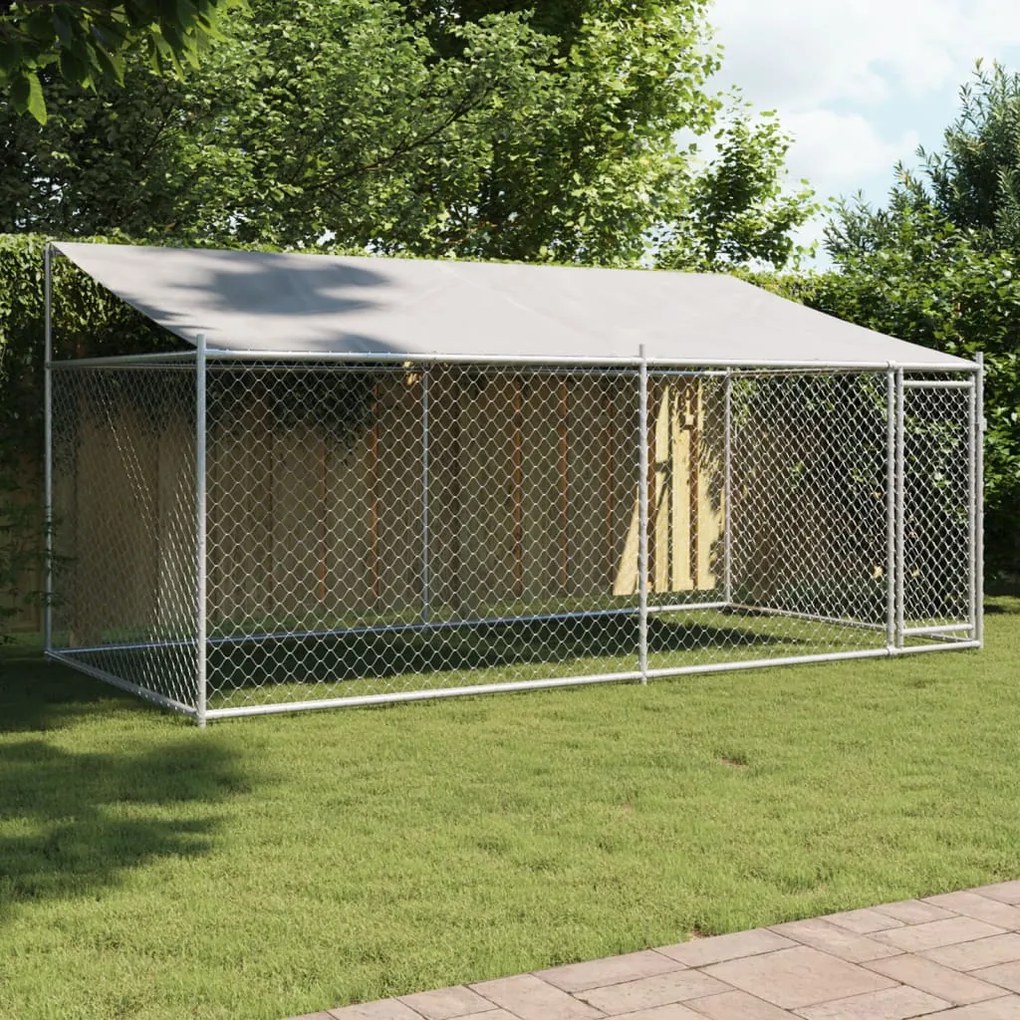 Klec pro psy se střechou a dvířky šedá 4x2x2 m pozinkovaná ocel 3209568