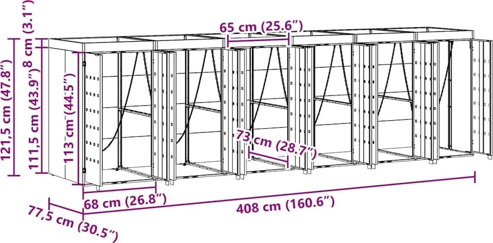 vidaXL Úložný box na 3 popelnice Antracit 340 x 77,5 x 115,5 cm Ocel [3394787]