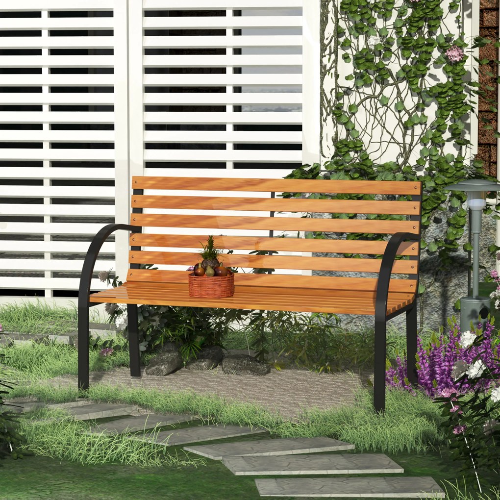 Zahradní lavička Outsunny 2místná lavička z oceli a borovicového dřeva, přírodní vzhled, Š122 x D60 x V83 cm, ideální na zahradu a terasu