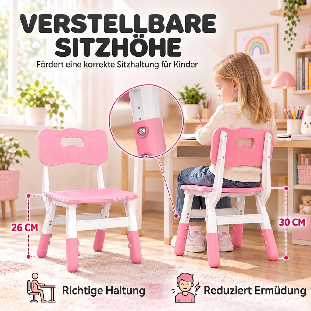 AIYAPLAY dětská židle k psacímu stolu, 2kusová sada, výškově nastavitelná 26-30 cm, ergonomické opěradlo, bez područek pro 1,5–8 let, růžová