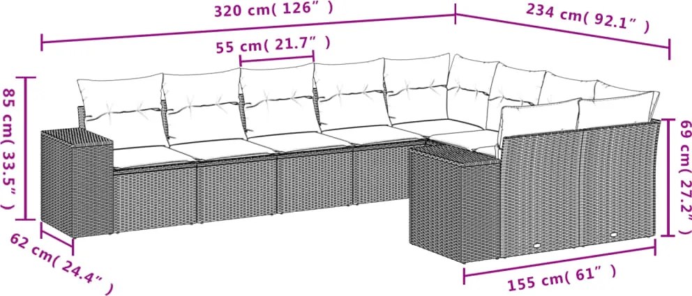 9dílná zahradní sedací souprava s poduškami béžová polyratan 3223038