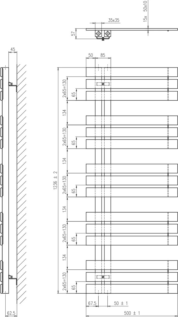 Sapho Silvana koupelnový radiátor 500 x 1236 mm středové metalická stříbrná IR153