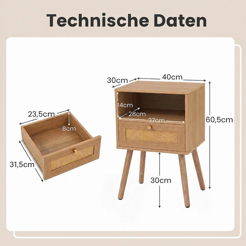 Costway Ratanový noční stolek2Sestava nočních stolků se zásuvkami a – přírodní
