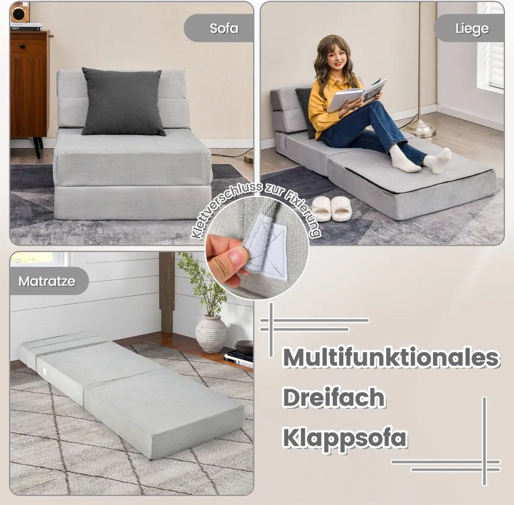 Costway Skládací rozkládací pohovka 3 v 1 s omyvatelným potahem Extra – šedá