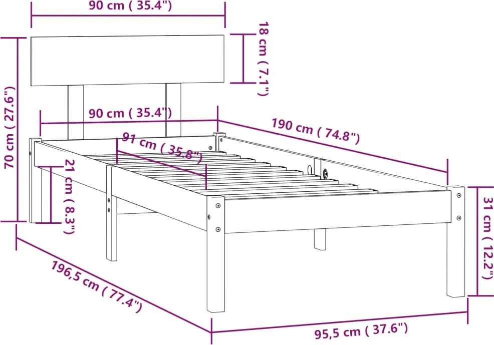 vidaXL Rám postele masivní borovice 90 x 190 cm jednolůžko [810113] Barva: Černá