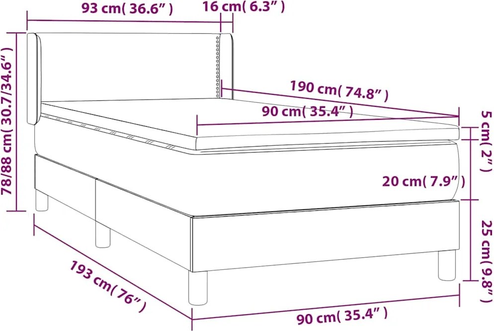 Box spring postel s matrací tmavě šedá 90x190 cm samet 3130872