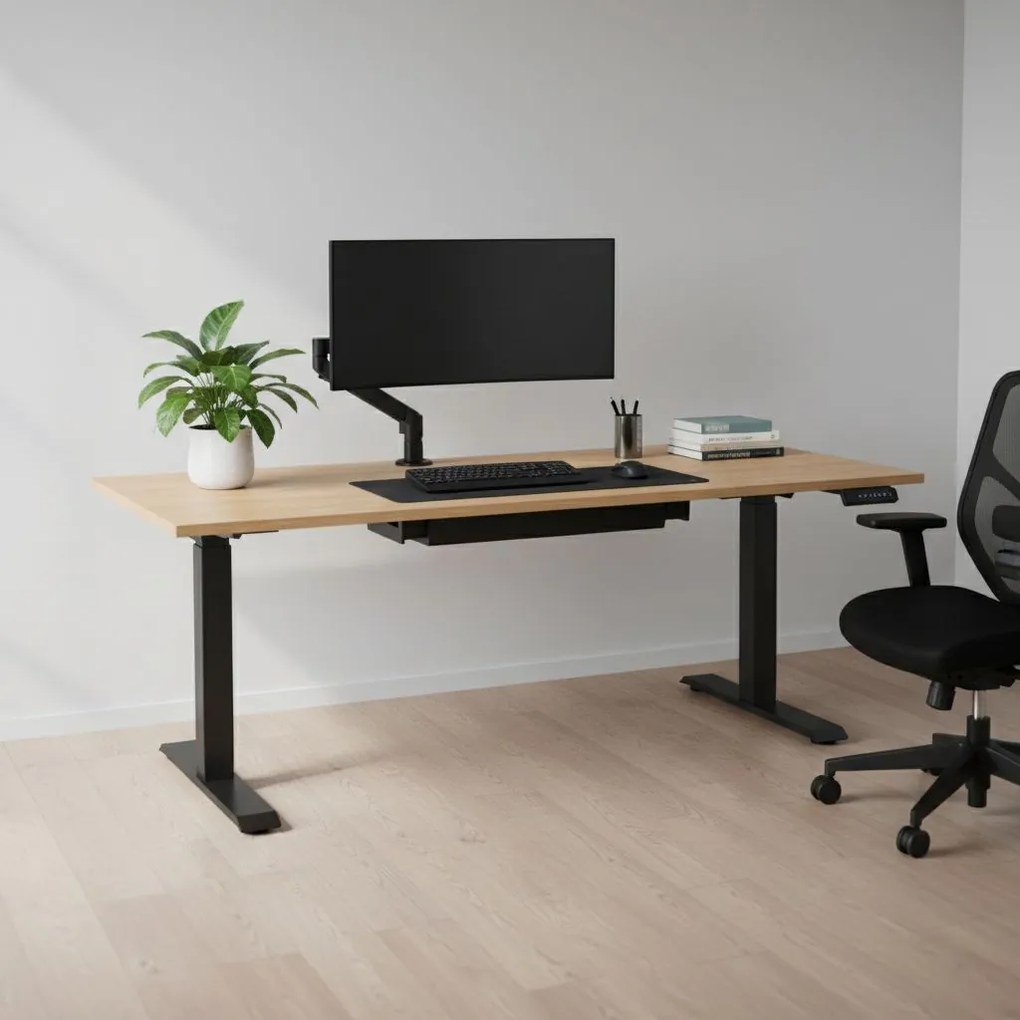 Výškově nastavitelný stůl OfficeTech D, 200 x 80 cm, černá podnož, dub kamenný