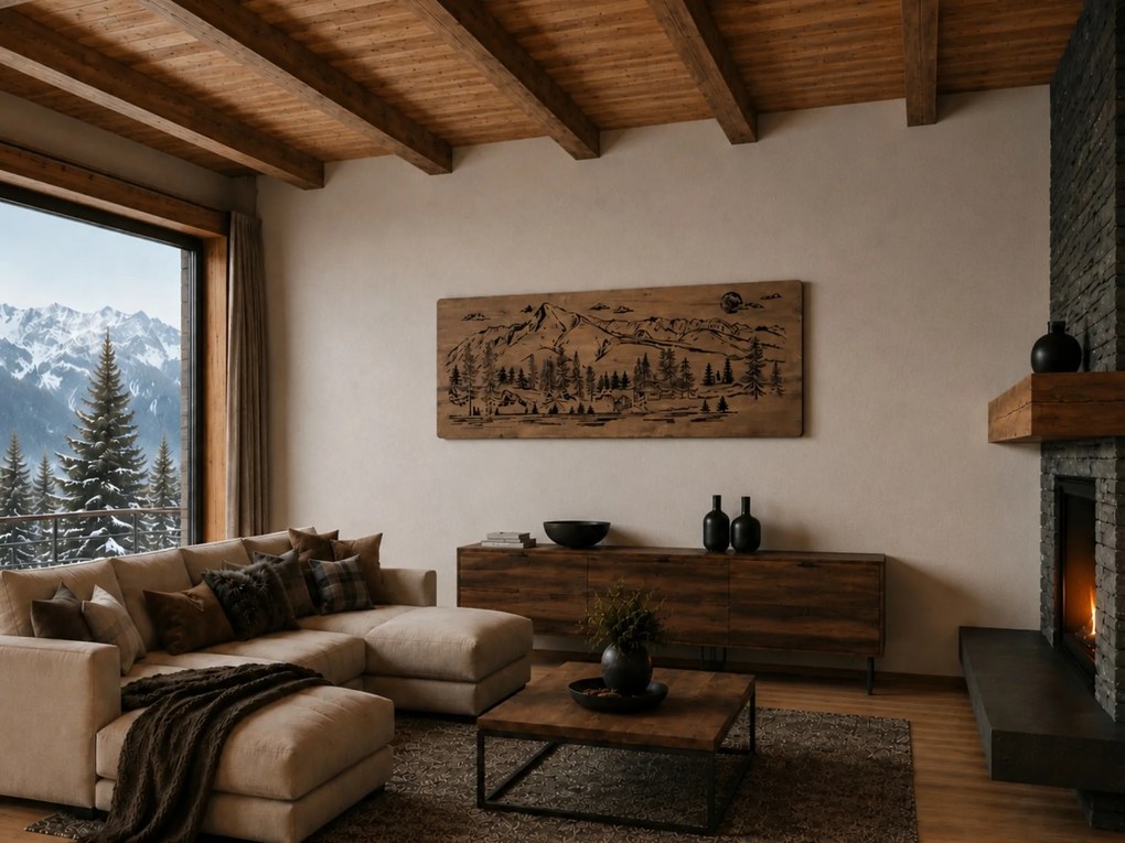 Li-Go "Chata v horách" světelný obraz s baterií a pohybovým čidlem 130x50 cm provedení povrchu: ořech
