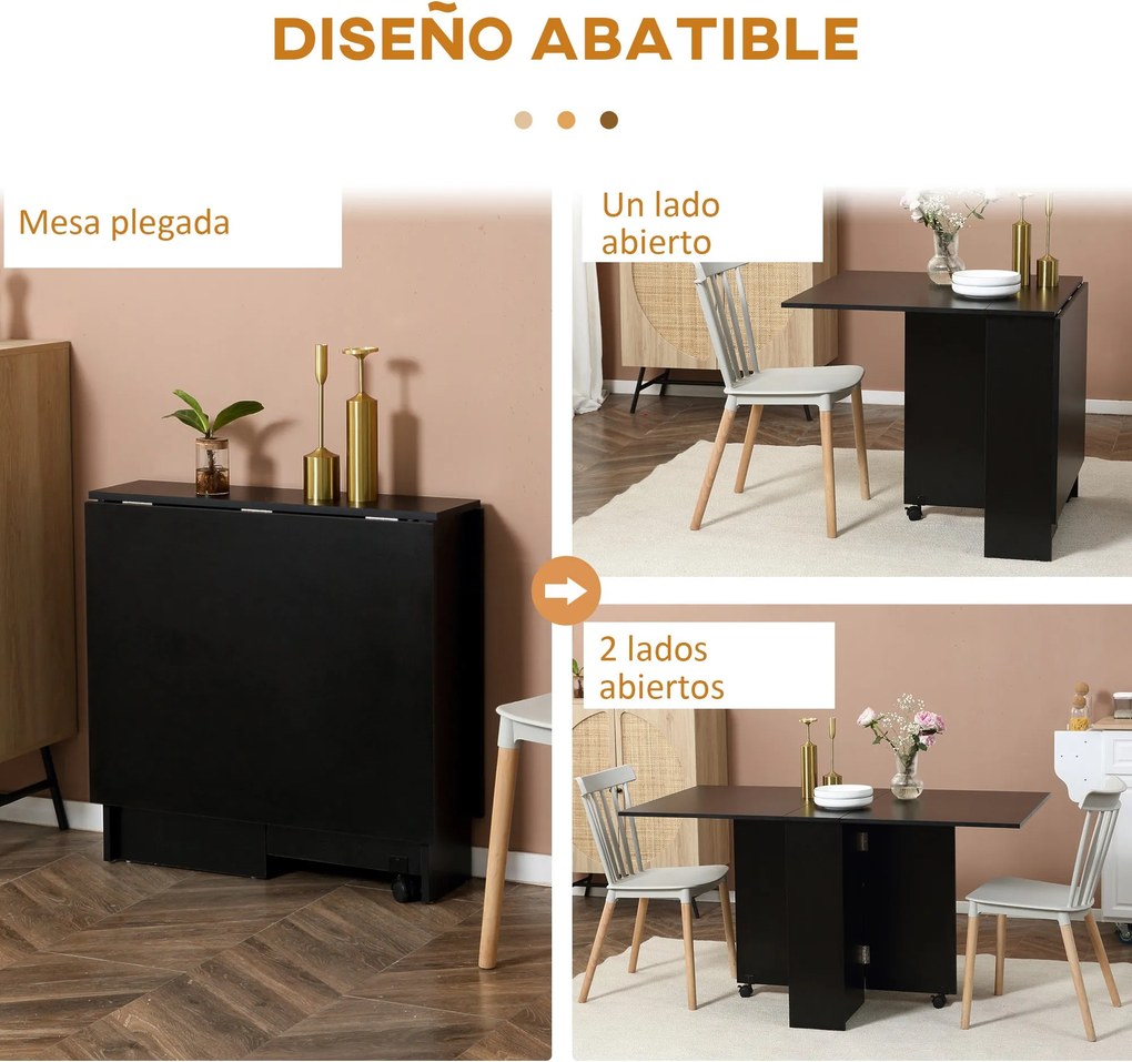 Skládací jídelní stůl HOMCOM s kolečky, skládacími křídly a policemi pro 4-6 osob 75x140x74 cm černý