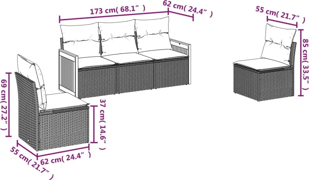 vidaXL 5dílná zahradní sedací souprava s poduškami polyratan [3259930] Barva: Šedá