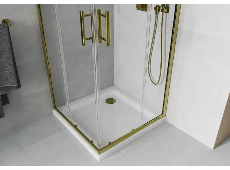 Mexen Rio čtvercový sprchový kout 90 x 90 cm, Průhledné, Zlatá + sprchová vanička Flat, Bílá - 860-090-090-50-00-4010G
