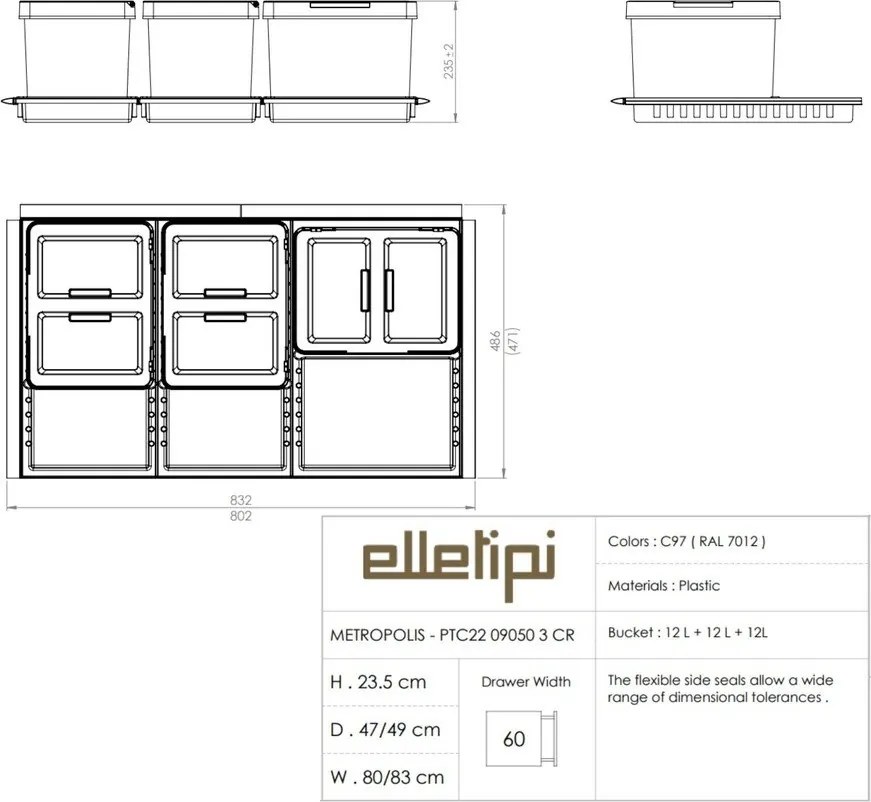 Šedý plastový odpadkový koš 3x12 l na tříděný odpad/vestavný Metropolis Flip-up – Elletipi