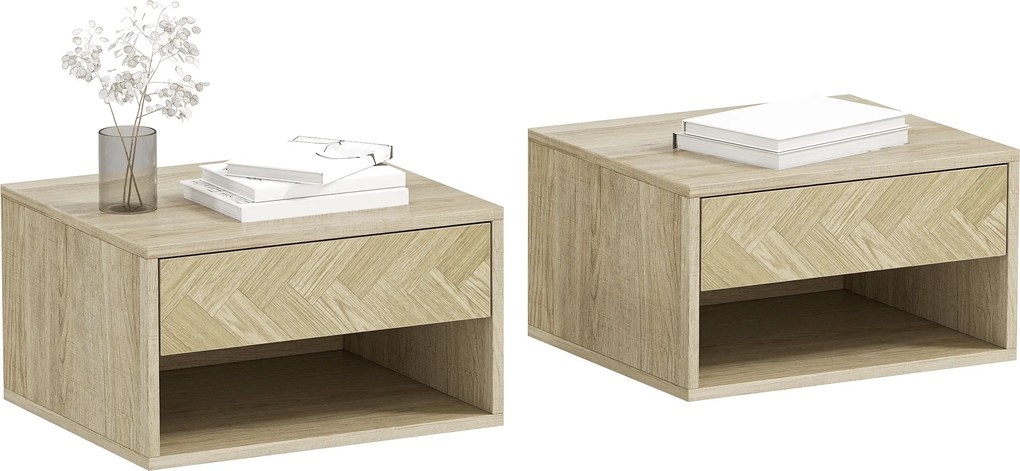 HOMCOM Sada 2 moderních závěsných nočních stolků s šuplíkem a otevřenou přihrádkou, 37x32x21 cm, přírodní dřevo