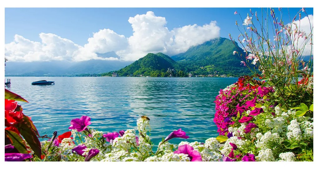 Moderní skleněný obraz z fotografie Květiny nad jezerem