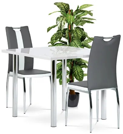 Jídelní set 1+2, stůl 90x90 cm, bílý vysoký lesk, kov - chrom, židle potah šedá a bílá ekokůže, kov - chrom