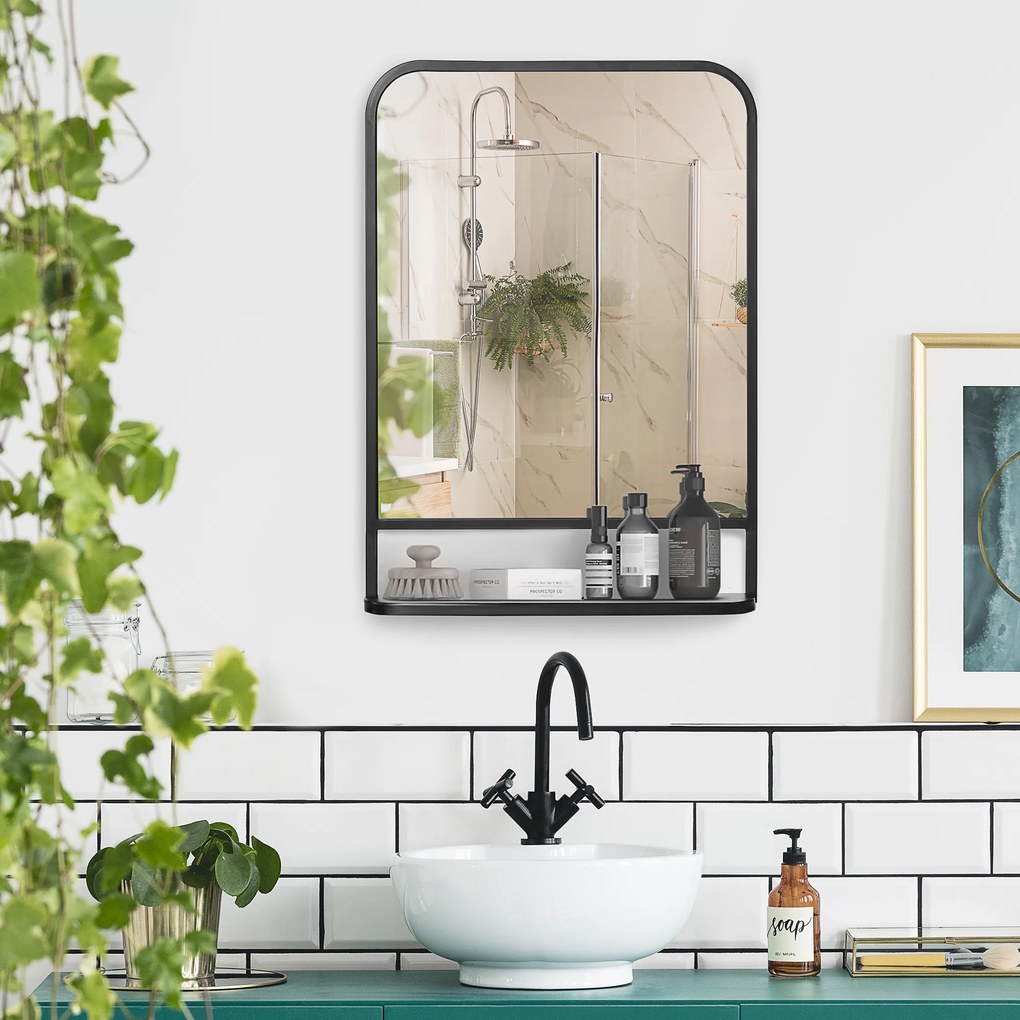 HOMCOM Nástěnné zrcadlo s policí 70x50cm moderní elegantní obdélníkové černé do obývacího pokoje a předsíně