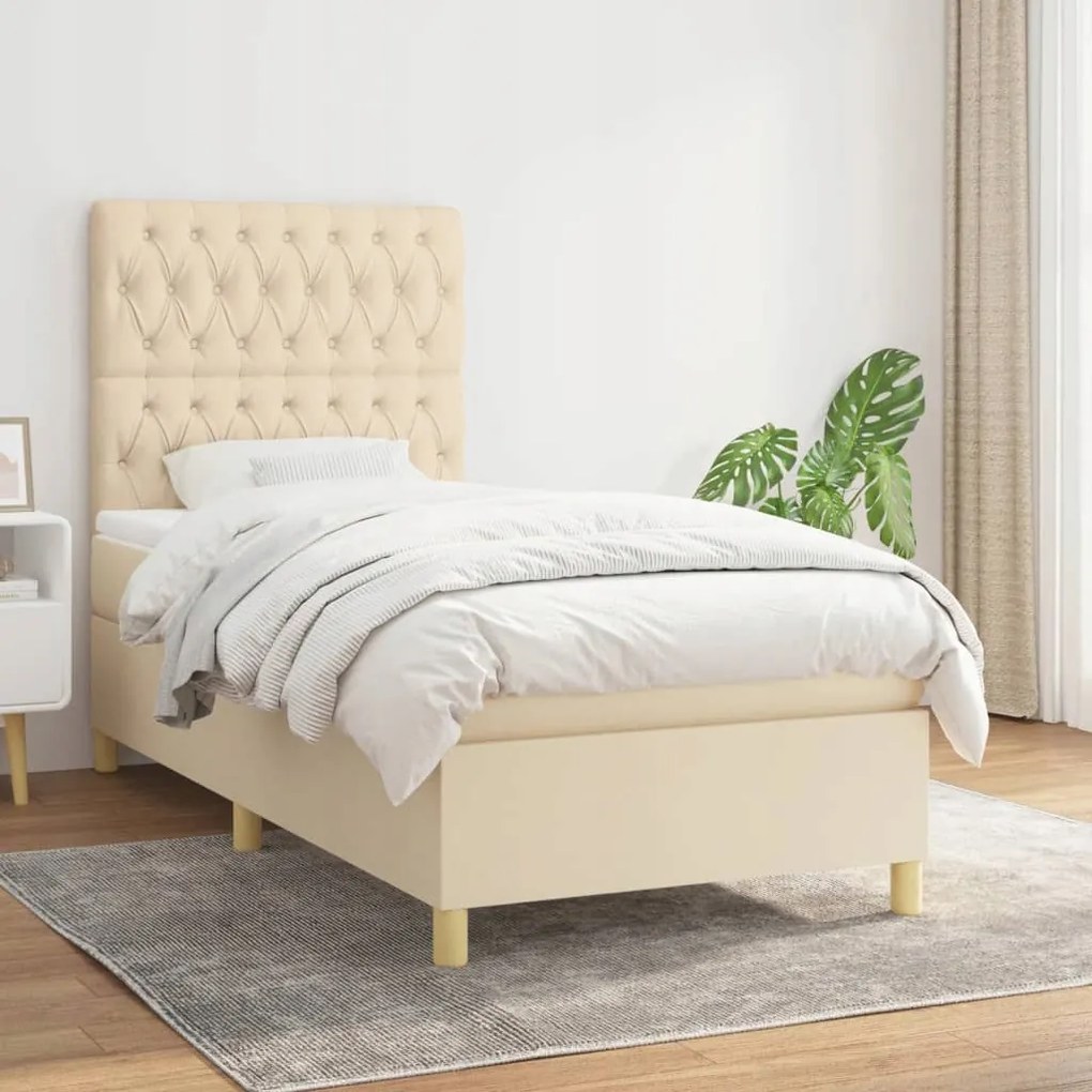 Box Spring Postel S Matrací Textil Krémová Prošívaný design 90 x 200 cm