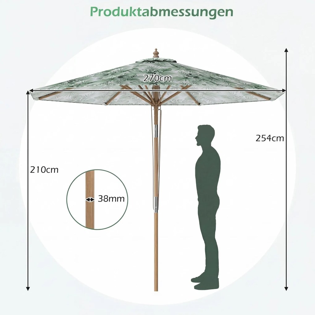 Costway Slunečník 270 cm s nastavením sklonu 30° a odvětrávanou špičkou zelené