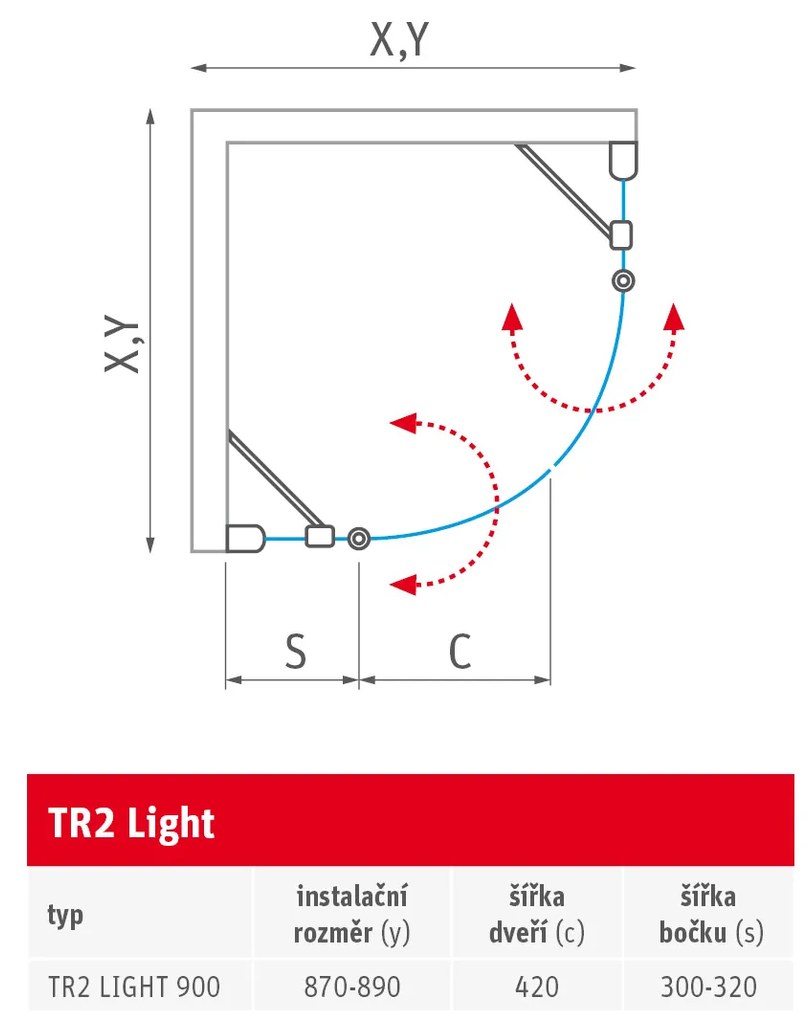 Roth Čtvrtkruhový sprchový kout TR2 LIGHT - bez vaničky Varianta: rozměry: 90x90 cm - (TR2 LIGHT900 - 738-9000000-00-02), Barva profilů a typ výplně: profily: brillant, výplň: transparent