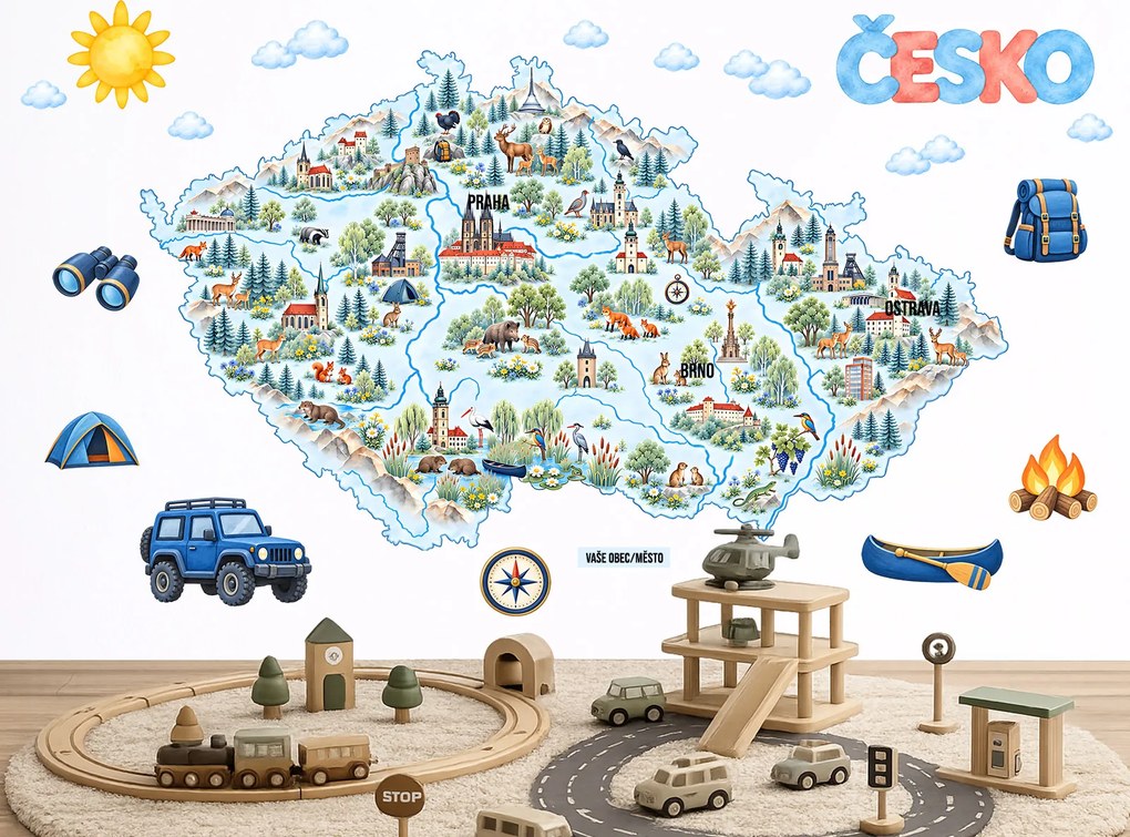 Mapa Česko pro kluky dětské samolepky na zeď arch 130 x 75 cm