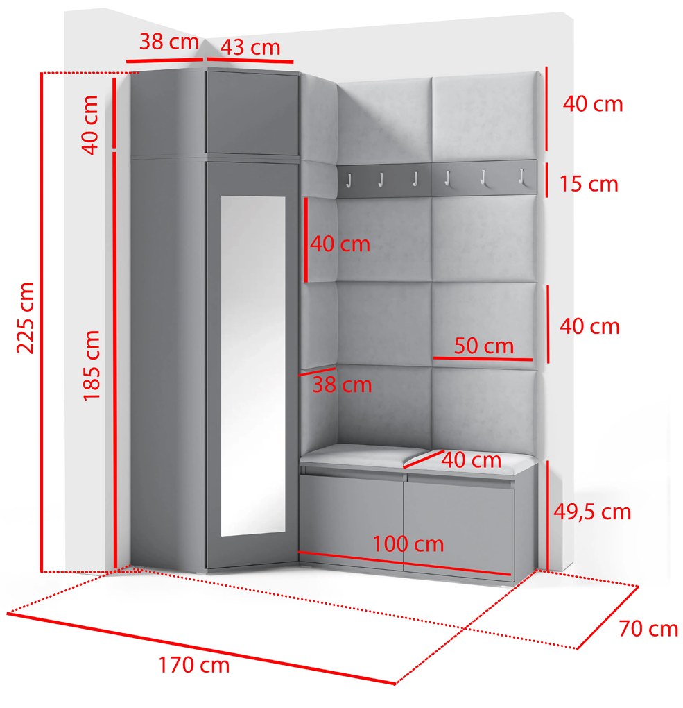 Eka Předsíňová stěna s čalouněnými panely Trinity 37 - Bílá / Světlá růžová 2319