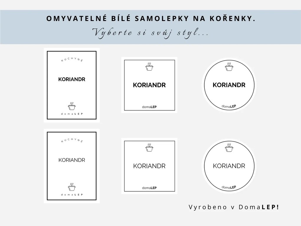KORIANDR - omyvatelná samolepka na kořenky, výběr rozměrů Ø 5 cm / 5 x 5 cm / 6 x 8 cm | DomaLEP tvar: KOLEČKO, barva: BÍLÁ - ČERNÉ písmo, velikost: Ø 5 cm - tučné písmo