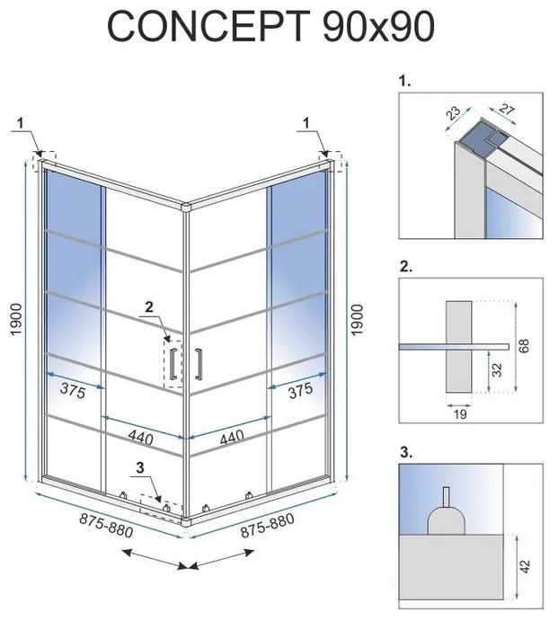 Čtvercový sprchový kout REA CONCEPT 90x90 cm, černý