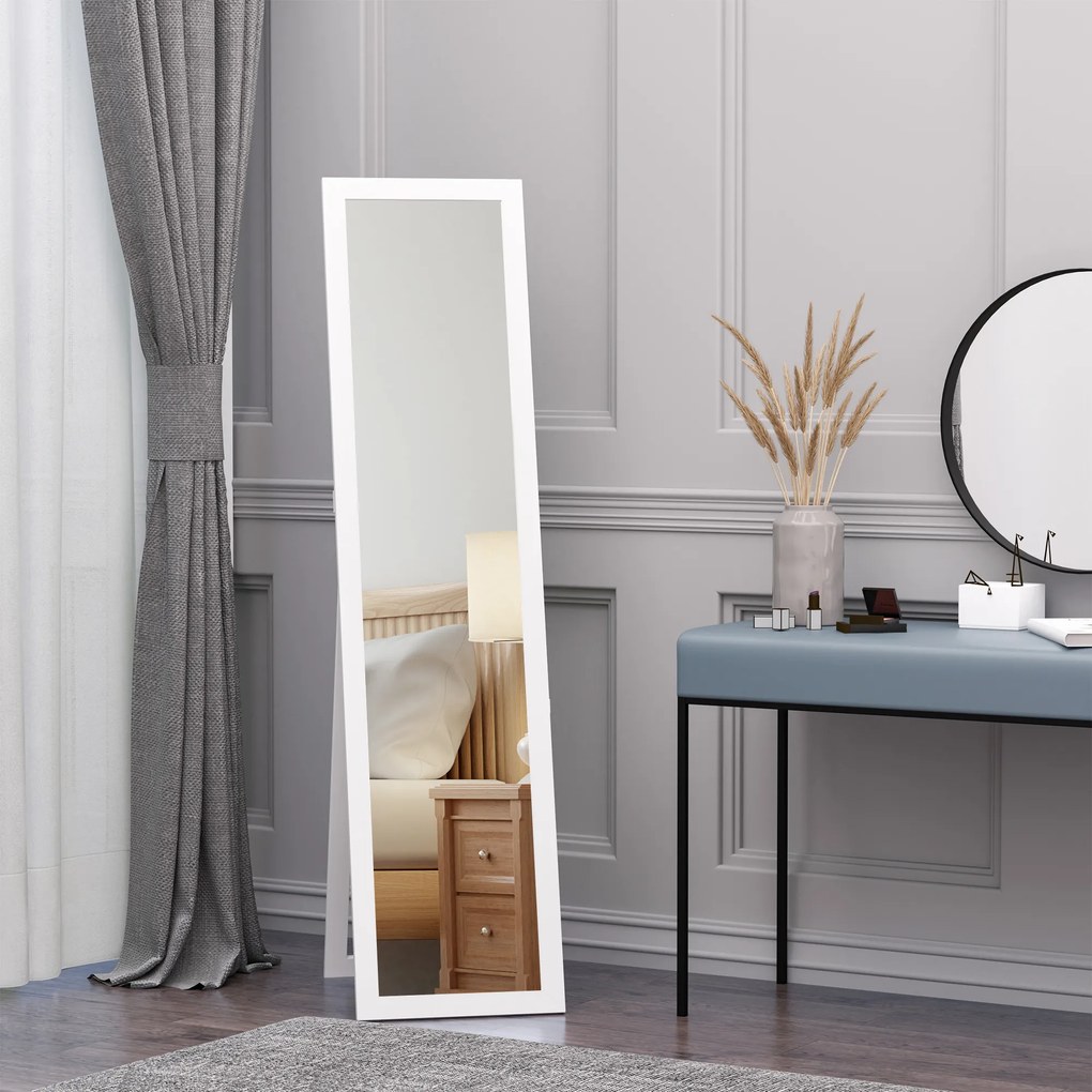 HOMCOM Zrcadlo v plné délce, 154 x 37 cm se stojanem, Podlahové zrcadlo do obývacího pokoje a ložnice, Bílé