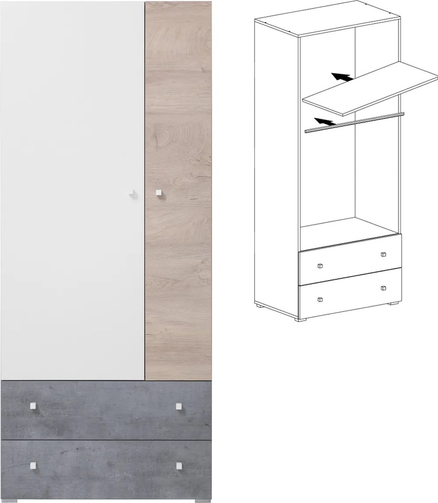 Šatní skříň SIGMA SI 3 L/P se zásuvkami, policí a šatní tyčí | 80 cm | UNI provedení | beton/bílá/dub