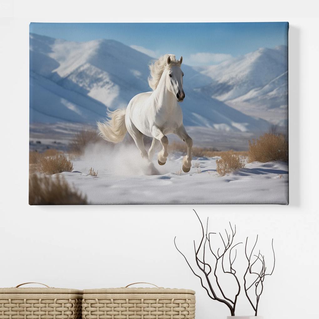 Obraz na plátně - Bílý kůň Eclipse běží zasněženou krajinou FeelHappy.cz Velikost obrazu: 150 x 100 cm