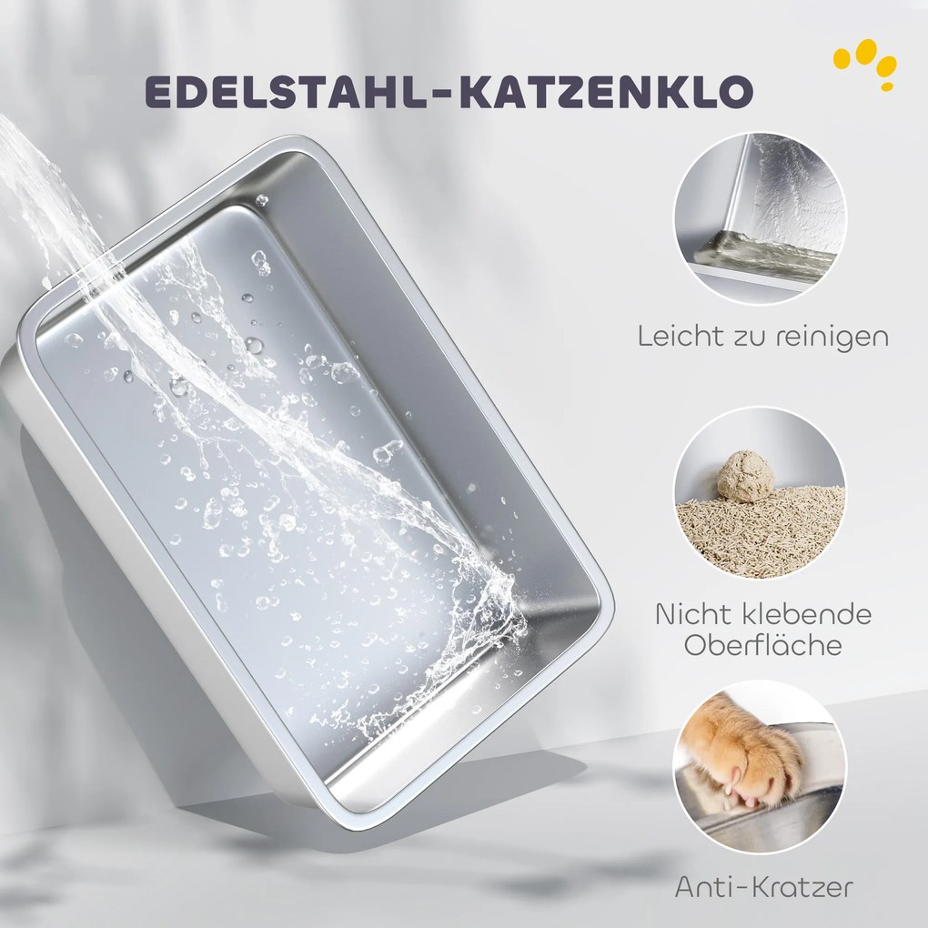 PawHut Nádoba na kočičí stelivo, nerezová ocel, vnitřní prostor XL, s lopatkou, světle šedá D31-142V00LG