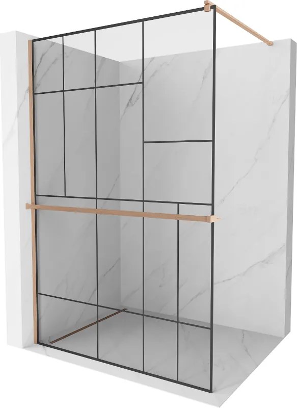 Mexen Kioto+, sprchová zástěna Walk-In s poličkou a věšákem 100 x 200 cm, 8mm čiré sklo černý vzor, ​​měděný matný profil, 800-100-121-65-78