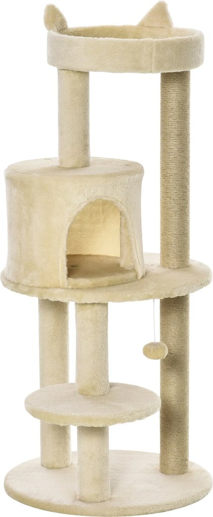 PawHut 104 cm Kočičí Škrabadlo s Platformami a Visící Kuličkou 48x48x104 cm Krémové