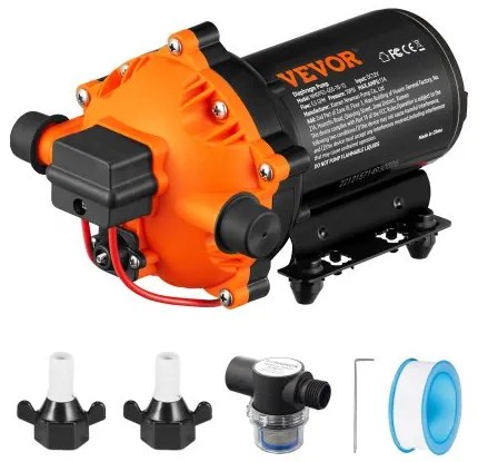 Membránové čerpadlo VEVOR, 12 V DC, průtok 5,5 GPM, jmenovitý tlak 70 PSI (nastavitelný 40–100 PSI), samonasávací postřikovací čerpadlo 1/2" MNPT s tlakovým spínačem pro obytné vozy, kempovací vozy, lodě a trávníky, certifikace FCC