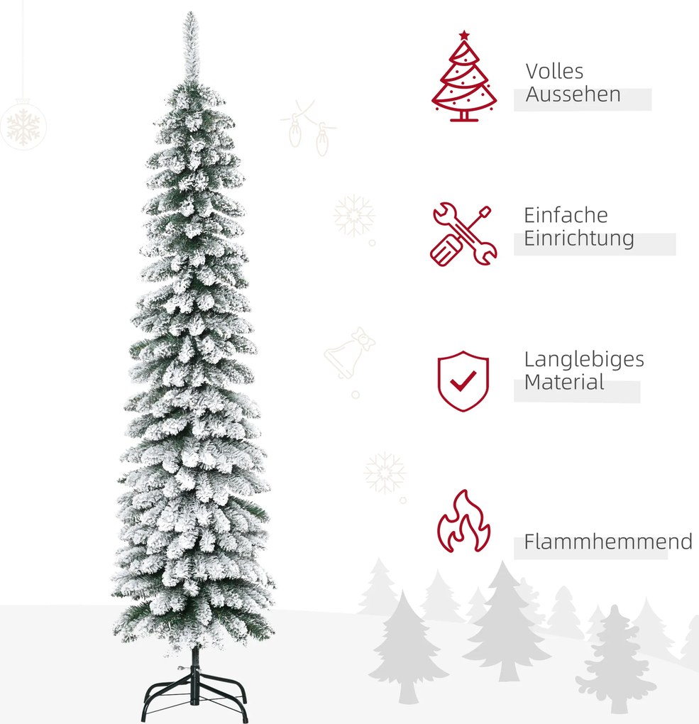 HOMCOM Umělý vánoční stromek, zasněžený, úzký design, nehořlavý, 180 cm, zelená/bílá