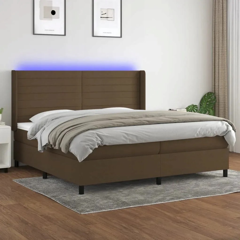 Box spring postel s matrací a led textil tmavě hnědá