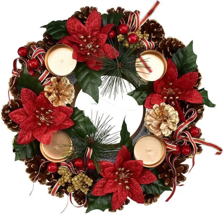 Adventní šiškový věnec POINSETTIA s mašlí 30 cm