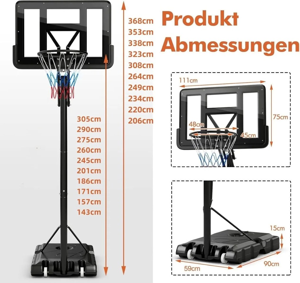 Costway Nastavitelný basketbalový koš 245–305 cm, černý