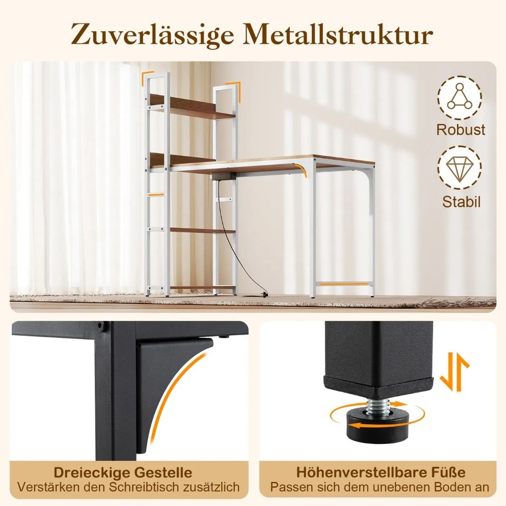 Costway Stůl s nabíjecí stanicí s otevřenou knihovnou natural – 120 × 65 cm